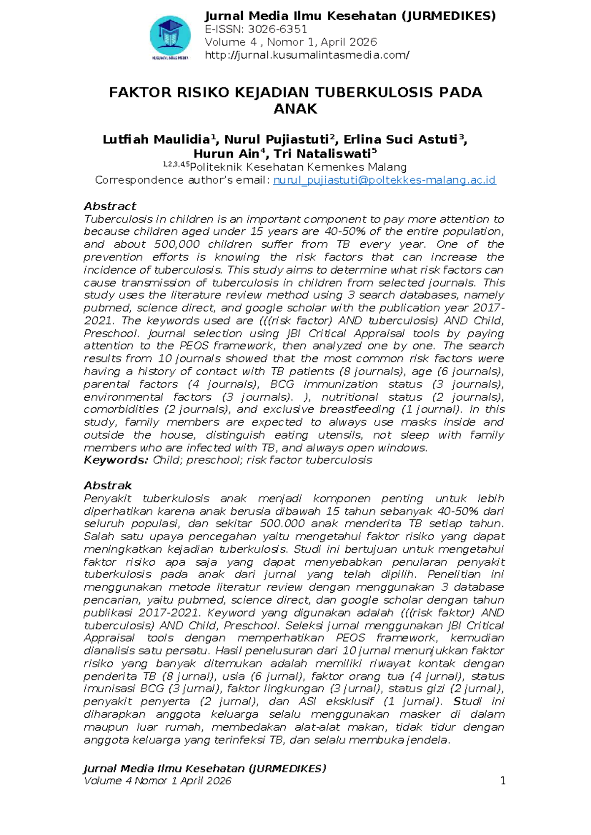 Faktor Risiko Kejadian Tuberkulosis pada Anak: JURMEDIKES Vol 4 No 1 ...