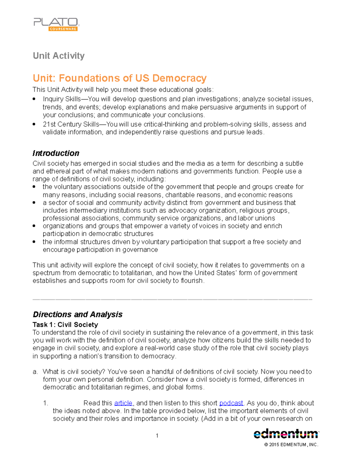 A1 Foundations of US Democracy Unit Activity and Analysis - Studocu