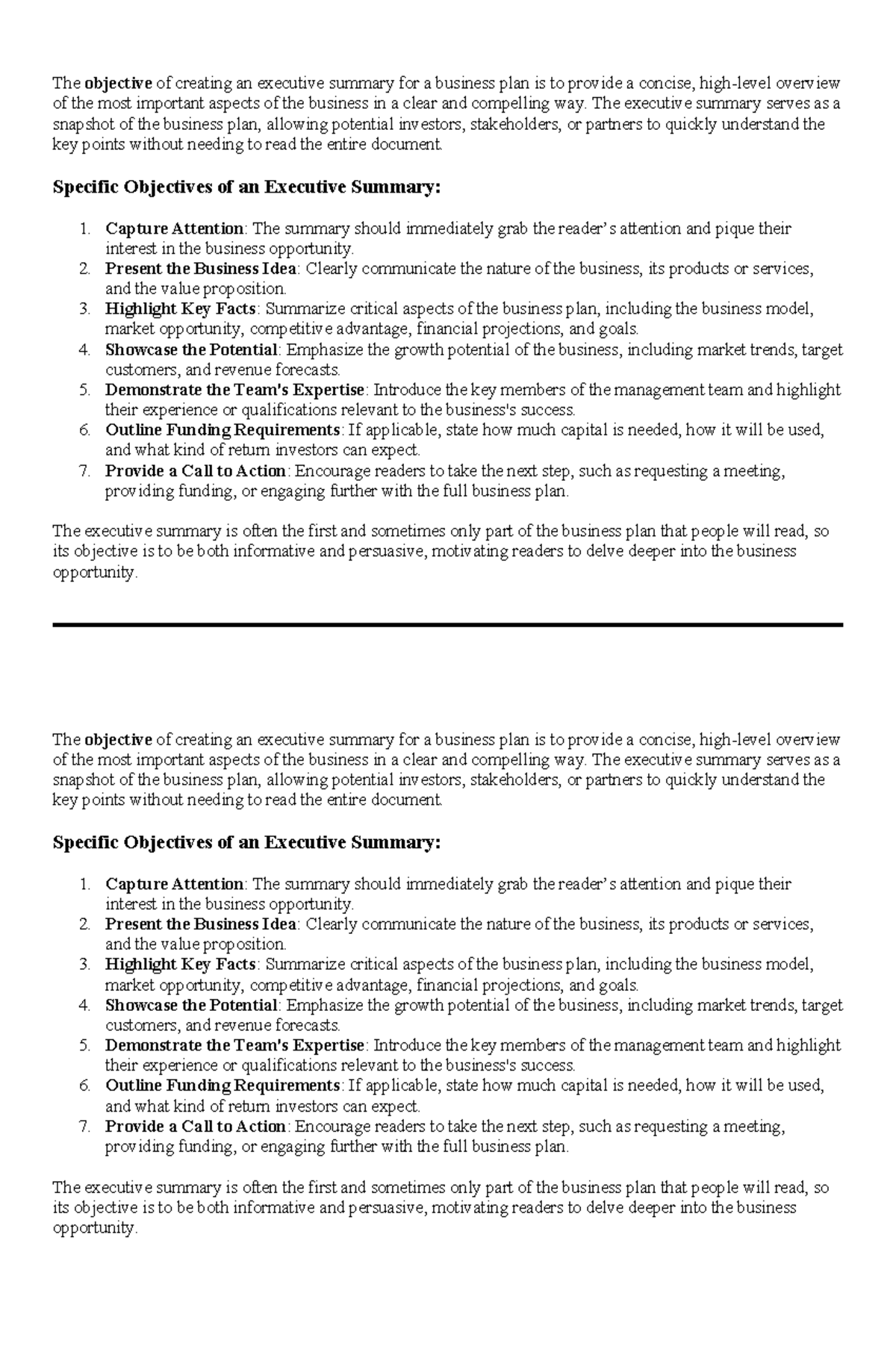 Entrep LEXE: Objectives of an Executive Summary for Business Plans ...