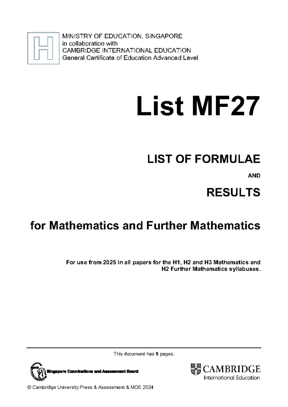 SEAB Mathematics MF27 2025: Formulae and Results Guide - Studocu