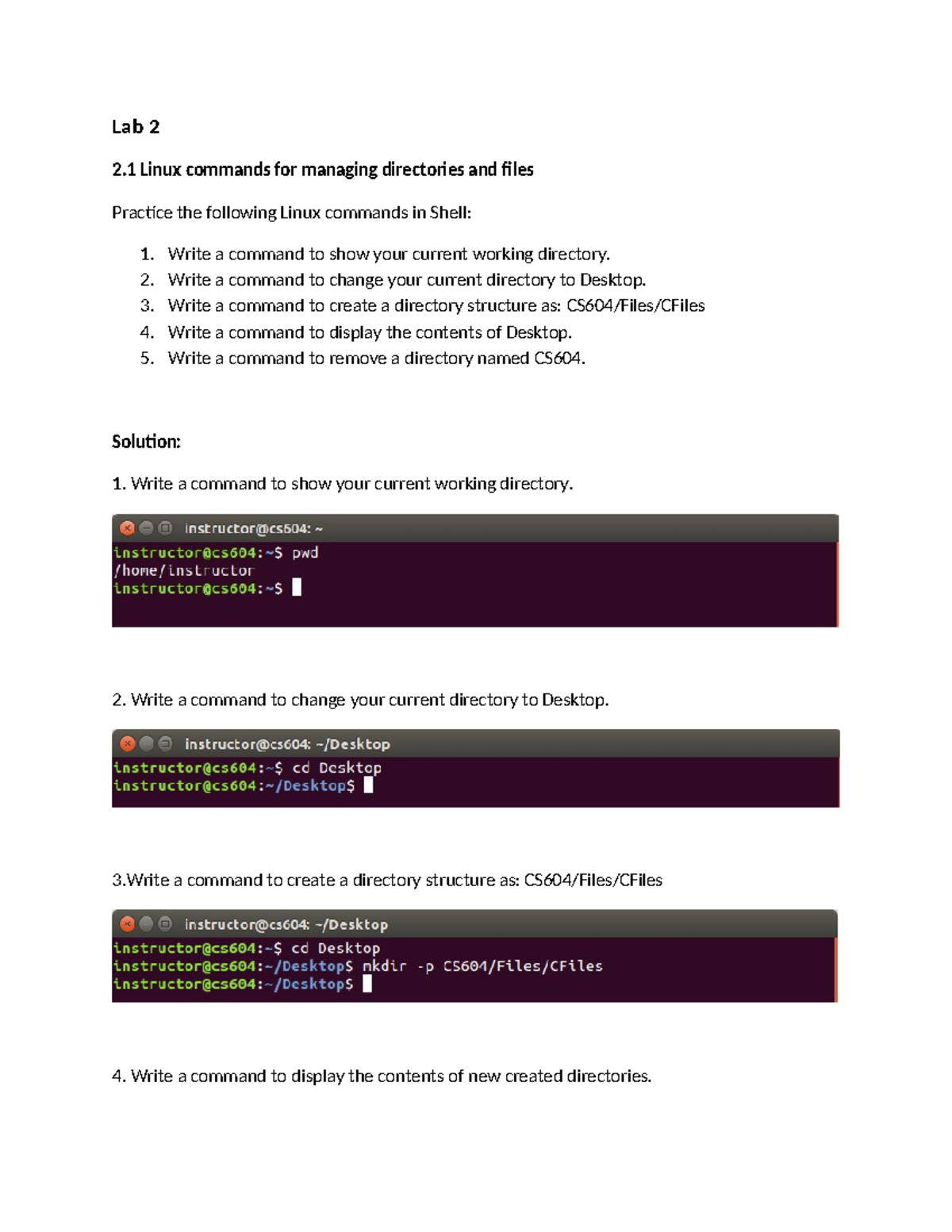 Lab 2 CS604 - this is lab 2 of OS practical - Lab 2 2 Linux commands for managing directories ...