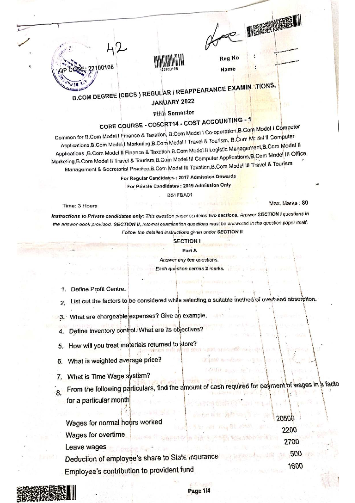 B.Com Degree (CBCS) Jan 2022 - Cost Accounting Core Exam QP 22100106 ...