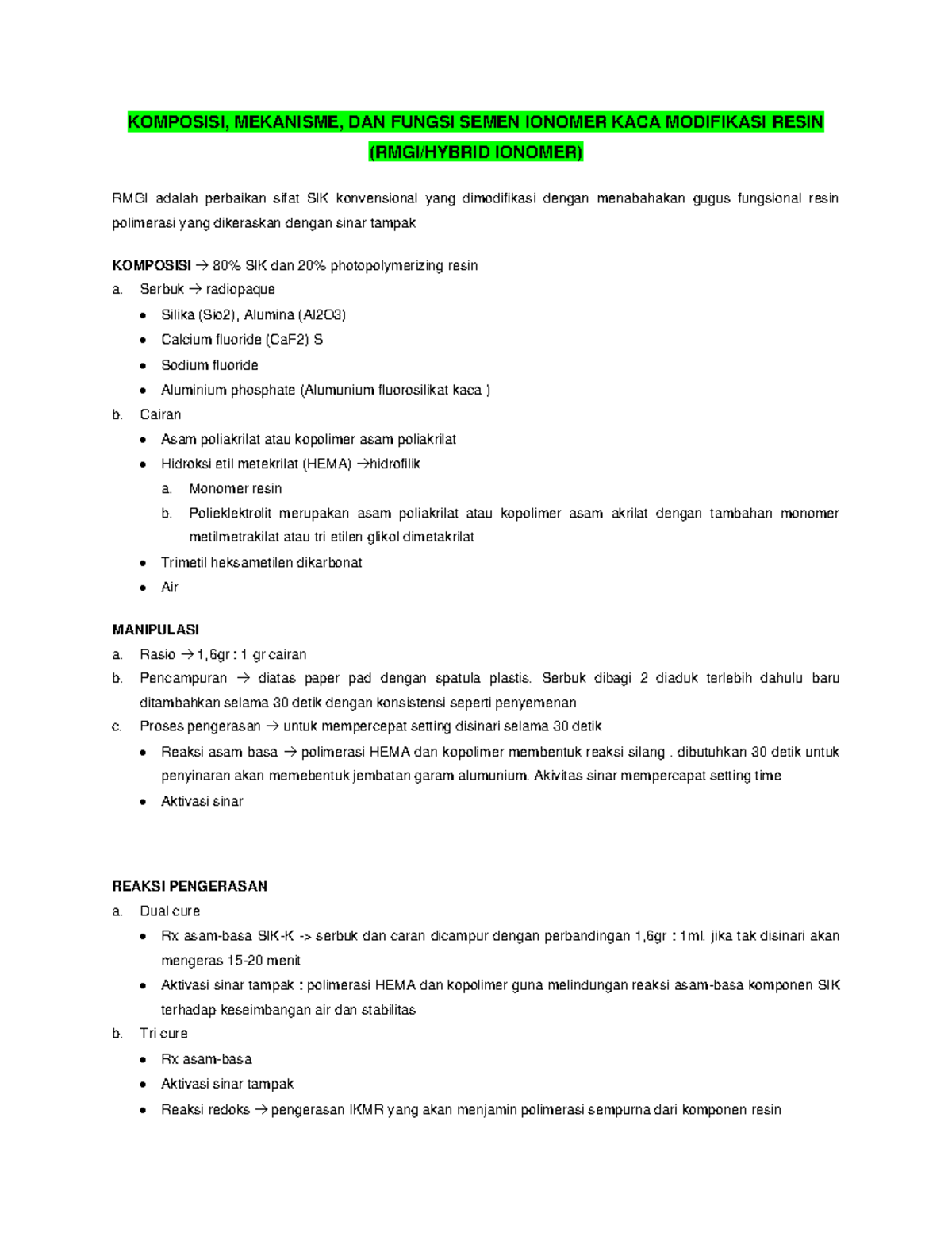 Komposisi dan Fungsi RMGI (Hybrid Ionomer) dalam Kedokteran Gigi - Studocu