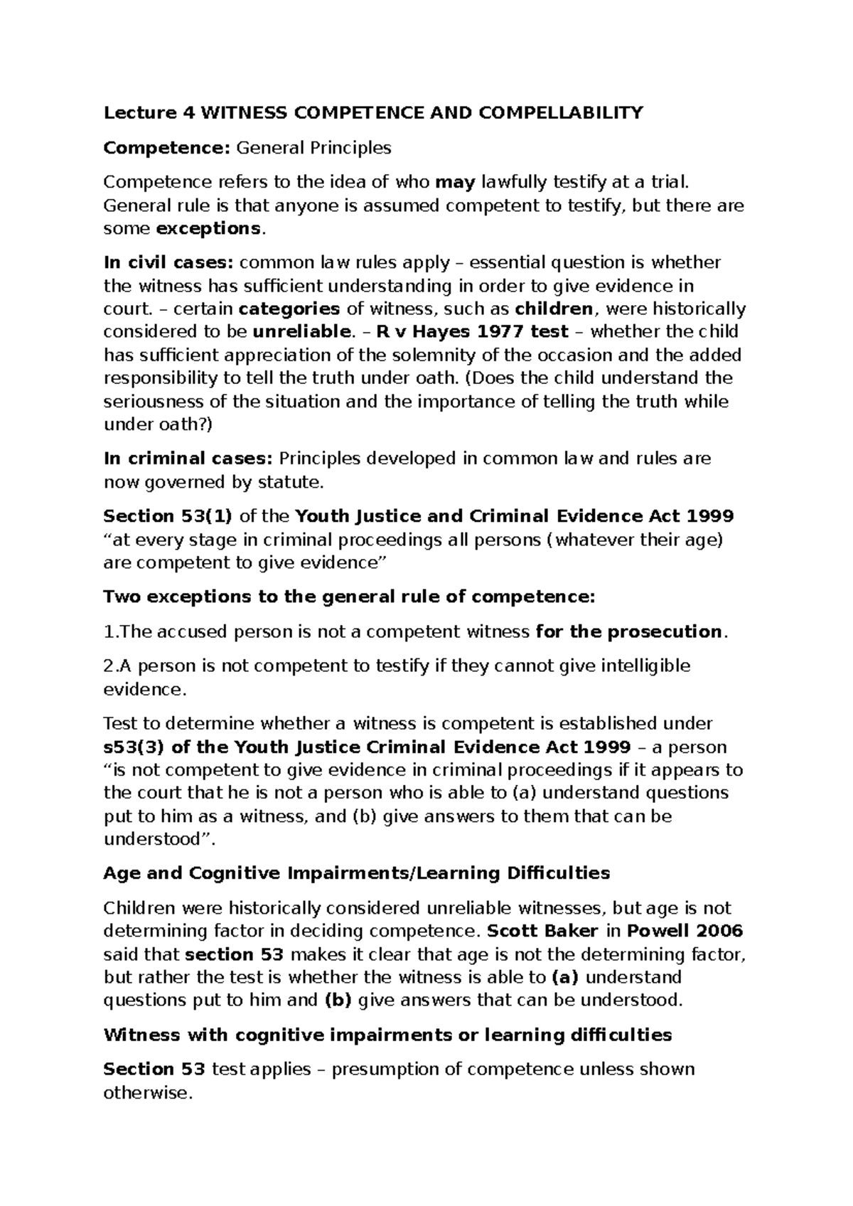 WIT 101 Lecture Notes: Witness Competence & Bad Character Evidence ...