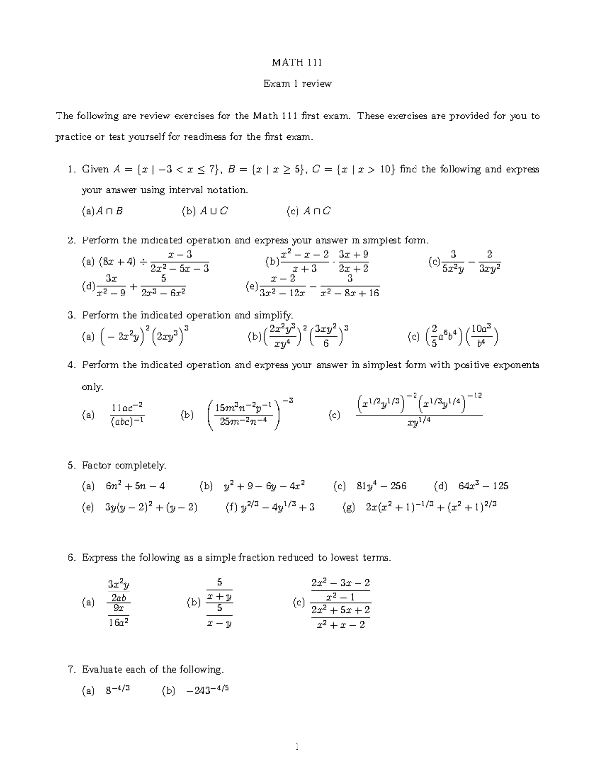 Math 111 Exam 1 Review Exercises for Practice and Readiness - Studocu