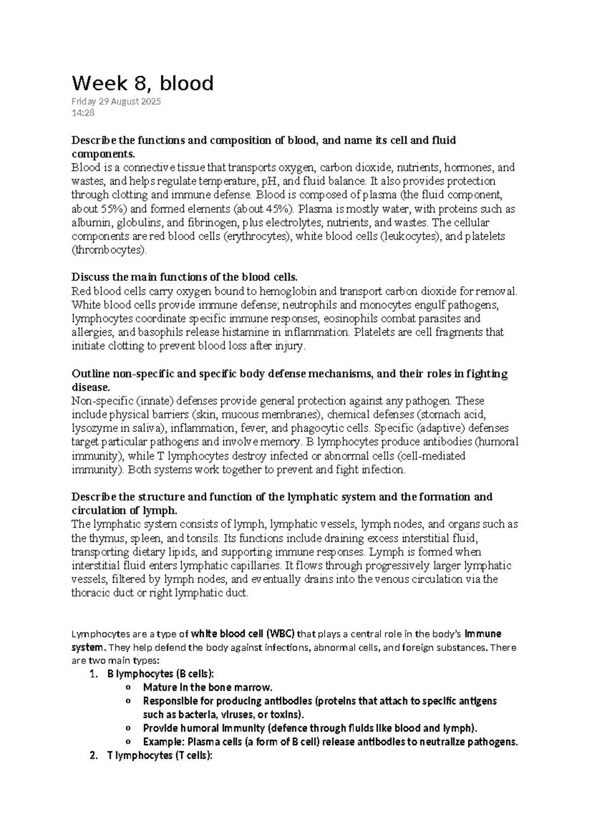 Week 8 Anatomy: Functions and Composition of Blood - Studocu