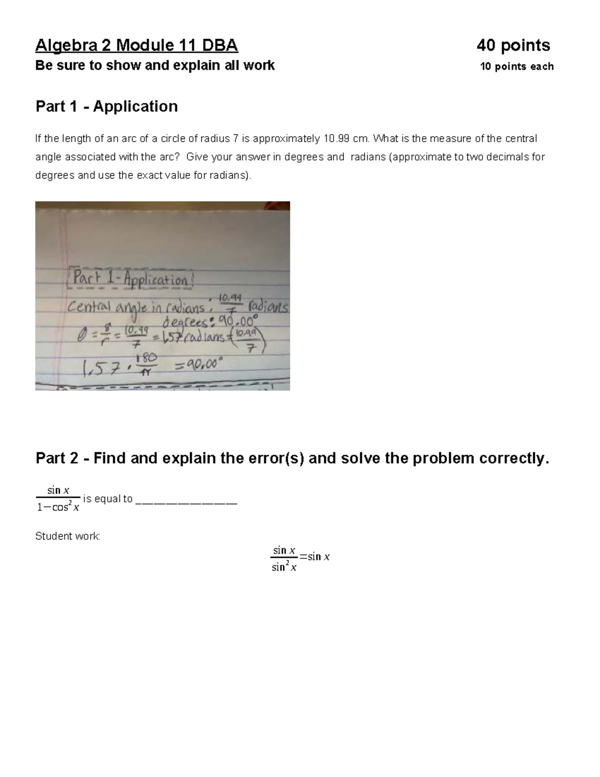 Algebra 2 OL Module 11 DBA: Arc Length, Sine & Cosine Functions ...