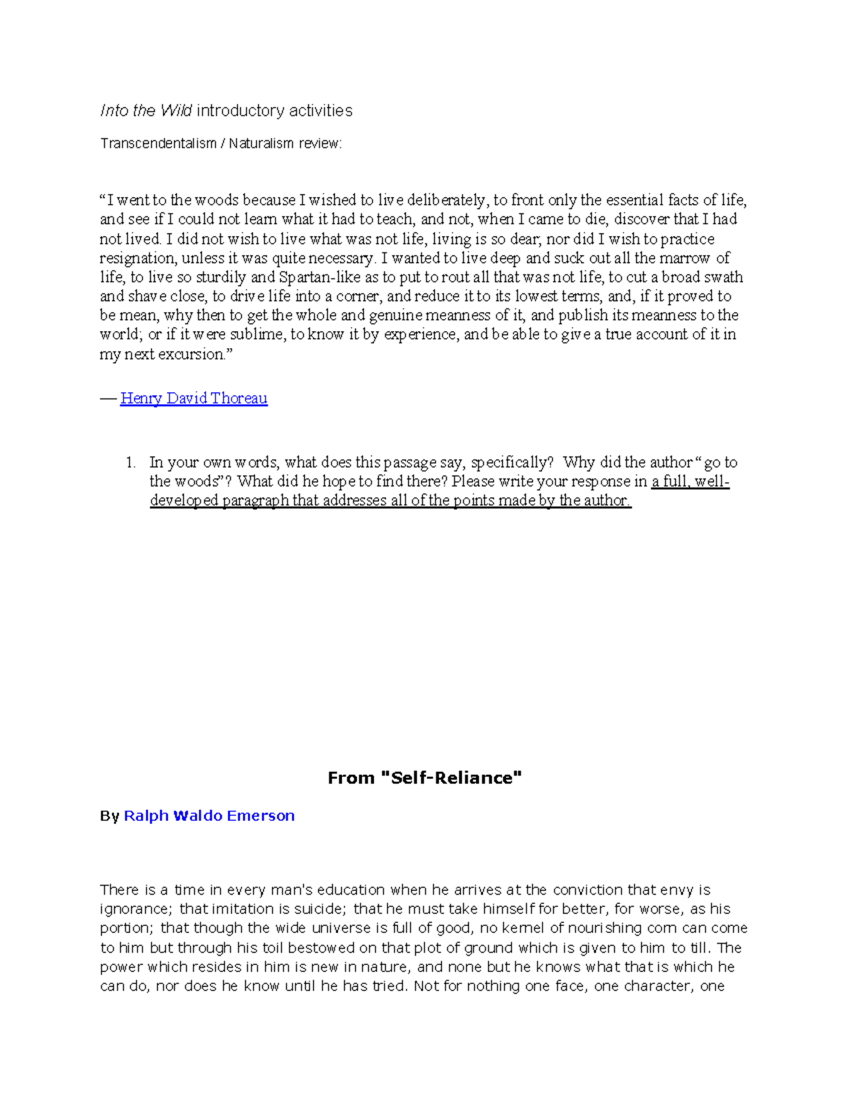AP Into the Wild Introductory Activities: Thoreau & Emerson Review ...