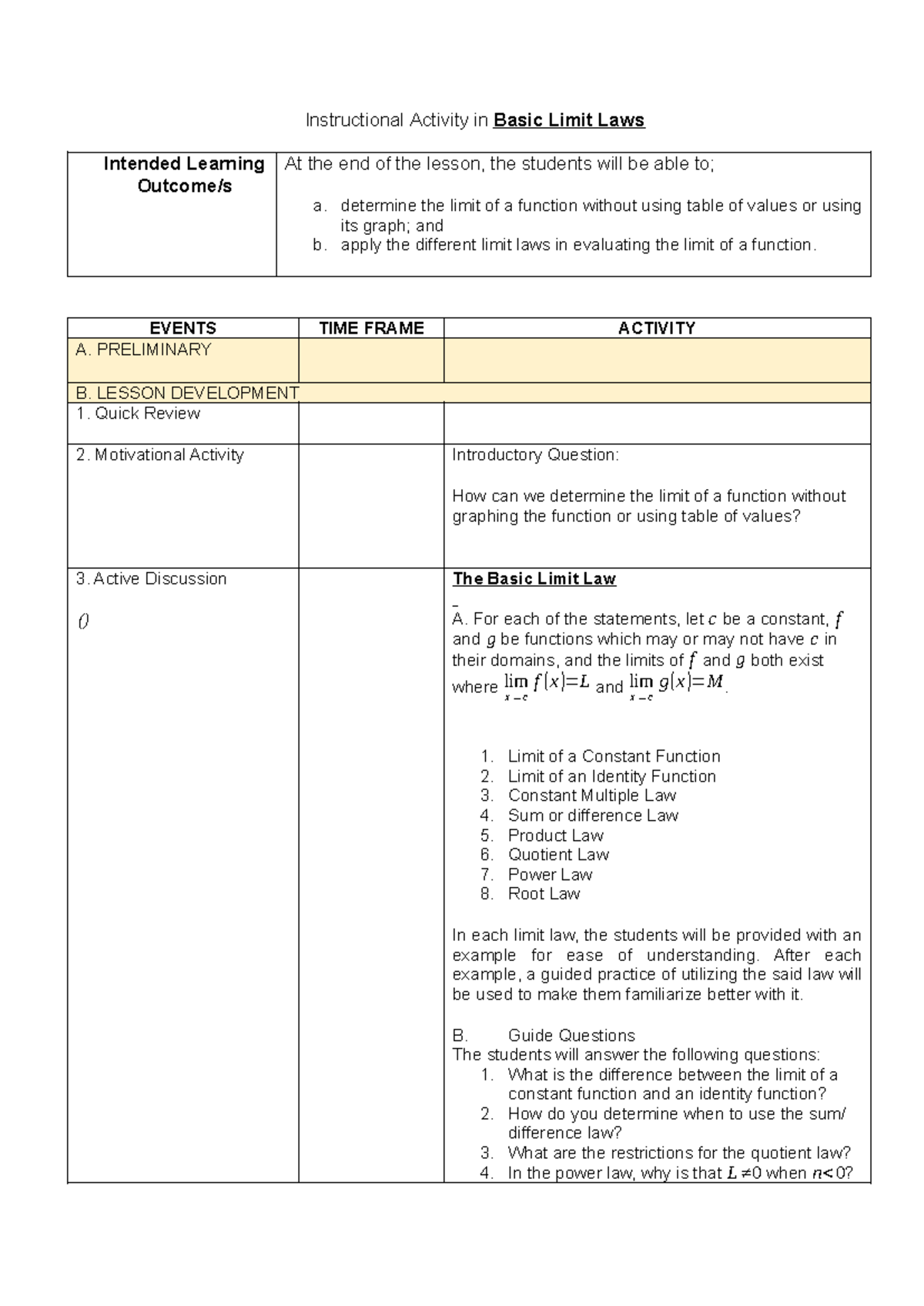 1. Basic Limit Laws - none - Instructional Activity in Basic Limit Laws ...