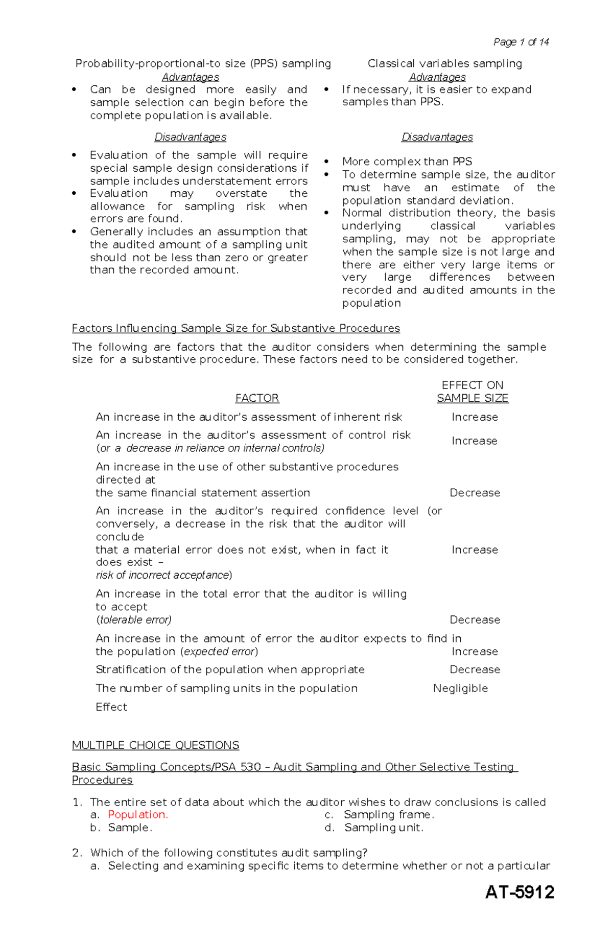 Summary of PPS Sampling and Substantive Procedures - CPAR Audit - Studocu