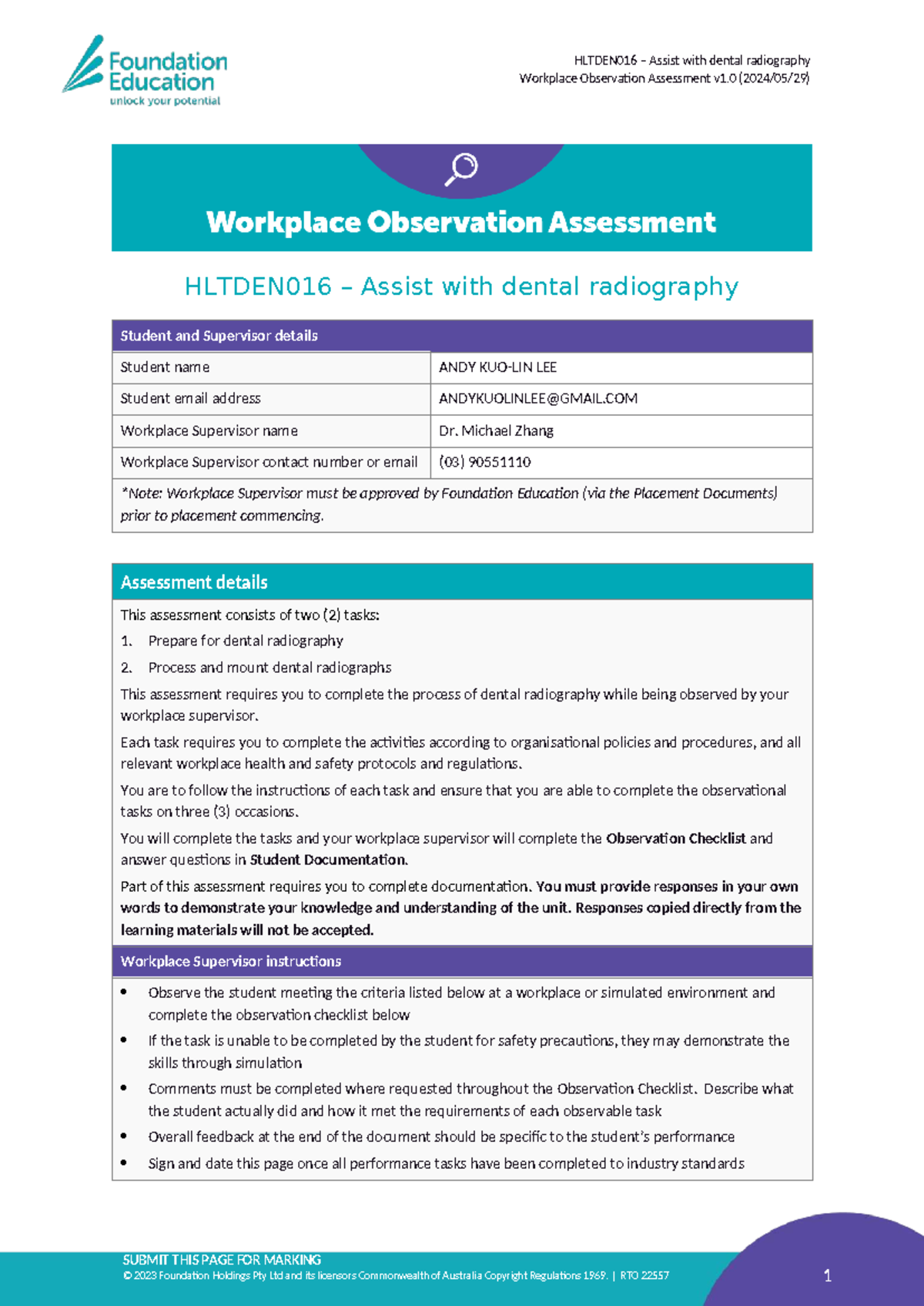 HLTDEN016 Dental Radiography Workplace Observation Assessment Guide ...