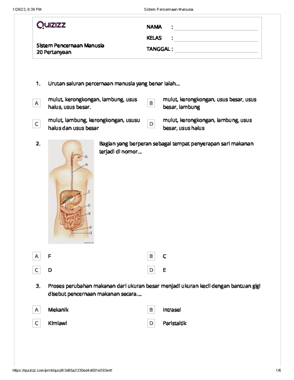 Latihan Soal Sistem Pencernaan Manusia - Sistem Pencernaan Manusia 20 Pertanyaan NAMA : KELAS ...