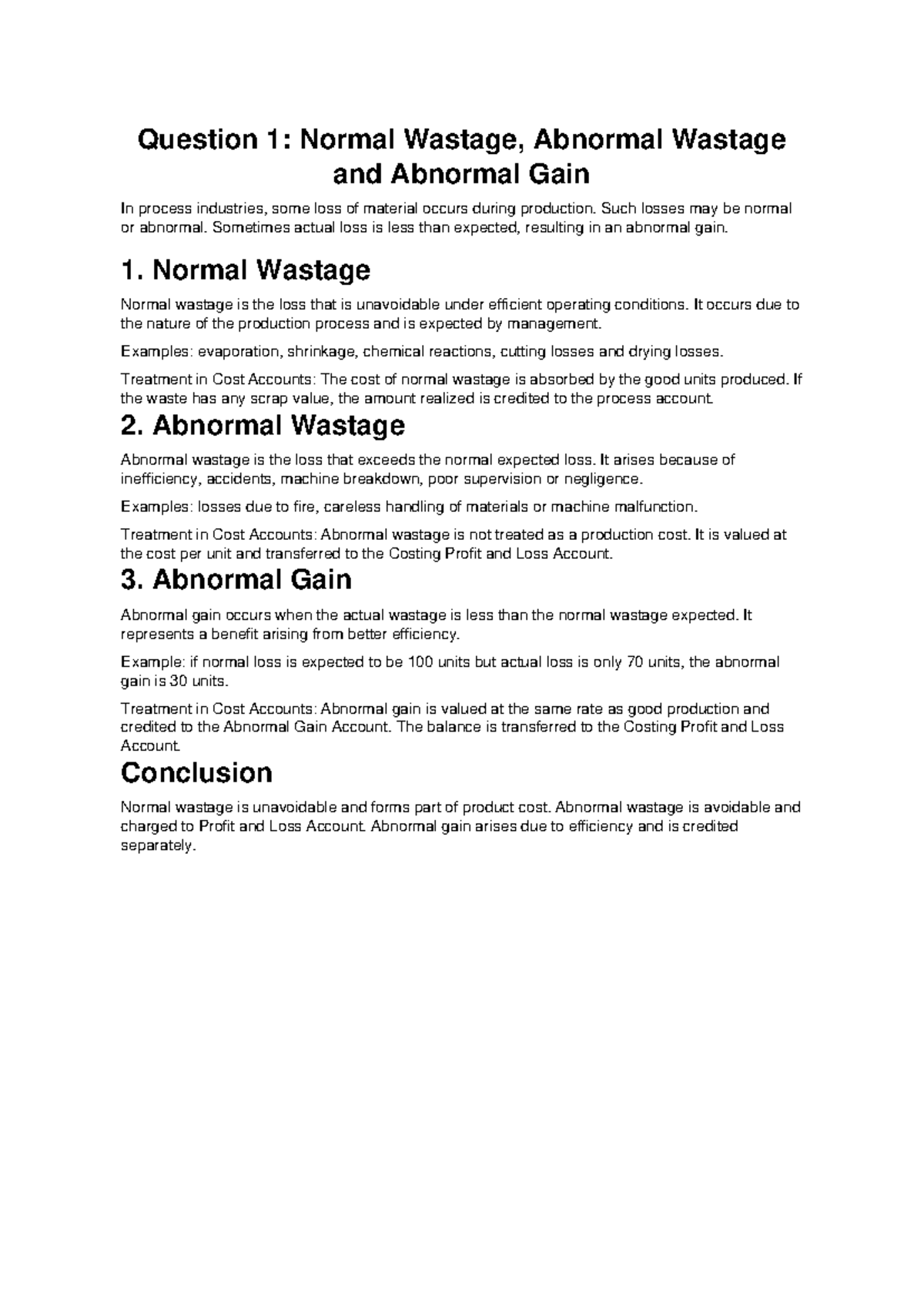 Process Costing: Normal & Abnormal Wastage and Gain Explained - Studocu