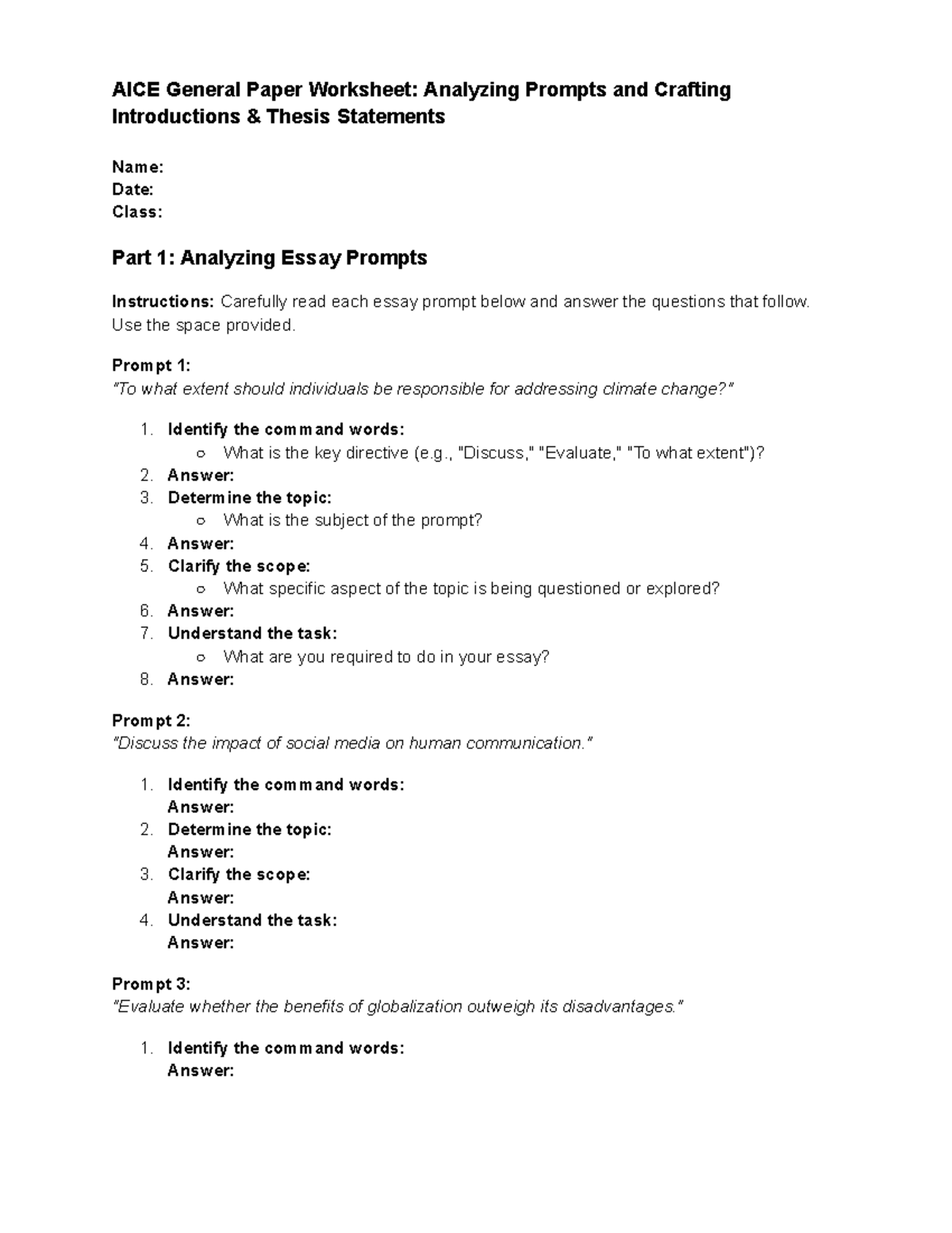 AICE GP Worksheet: Analyzing Essay Prompts & Introductions - Studocu