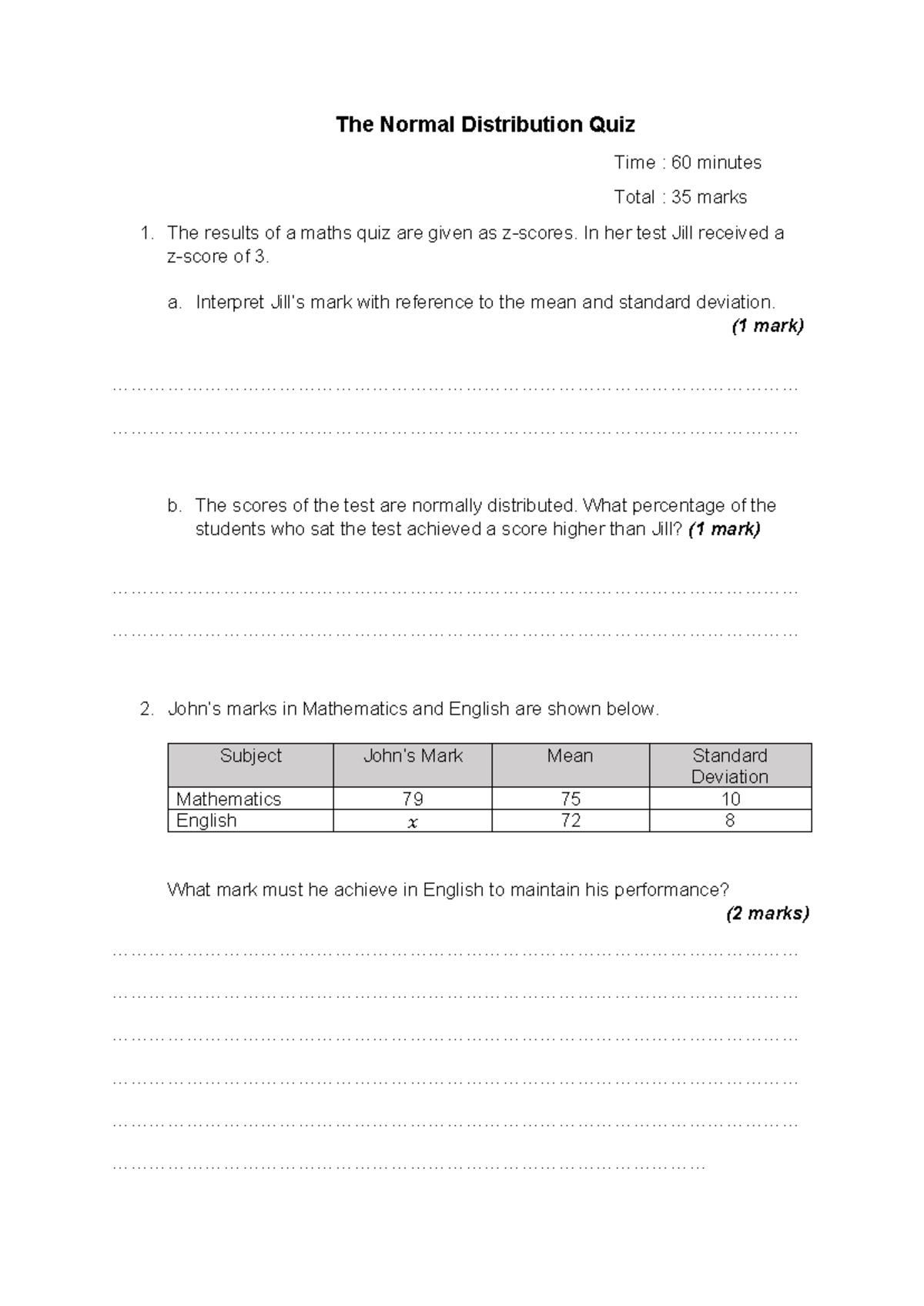 Normal Distribution Quiz (MATH101) - 60 Min, 35 Marks - Studocu