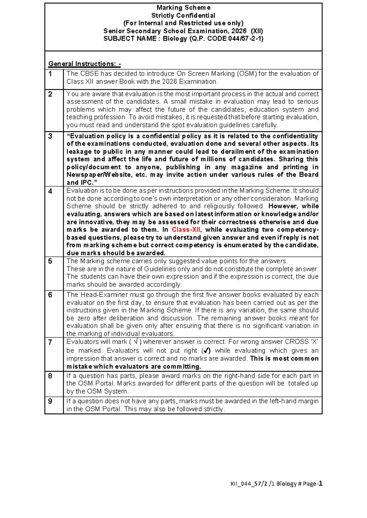 XII 044 Biology Marking Scheme 2026 - Strictly Confidential - Studocu