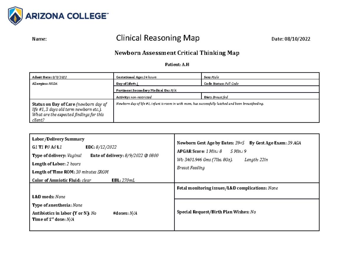 Newborn Assessment Critical Thinking Map - Studocu