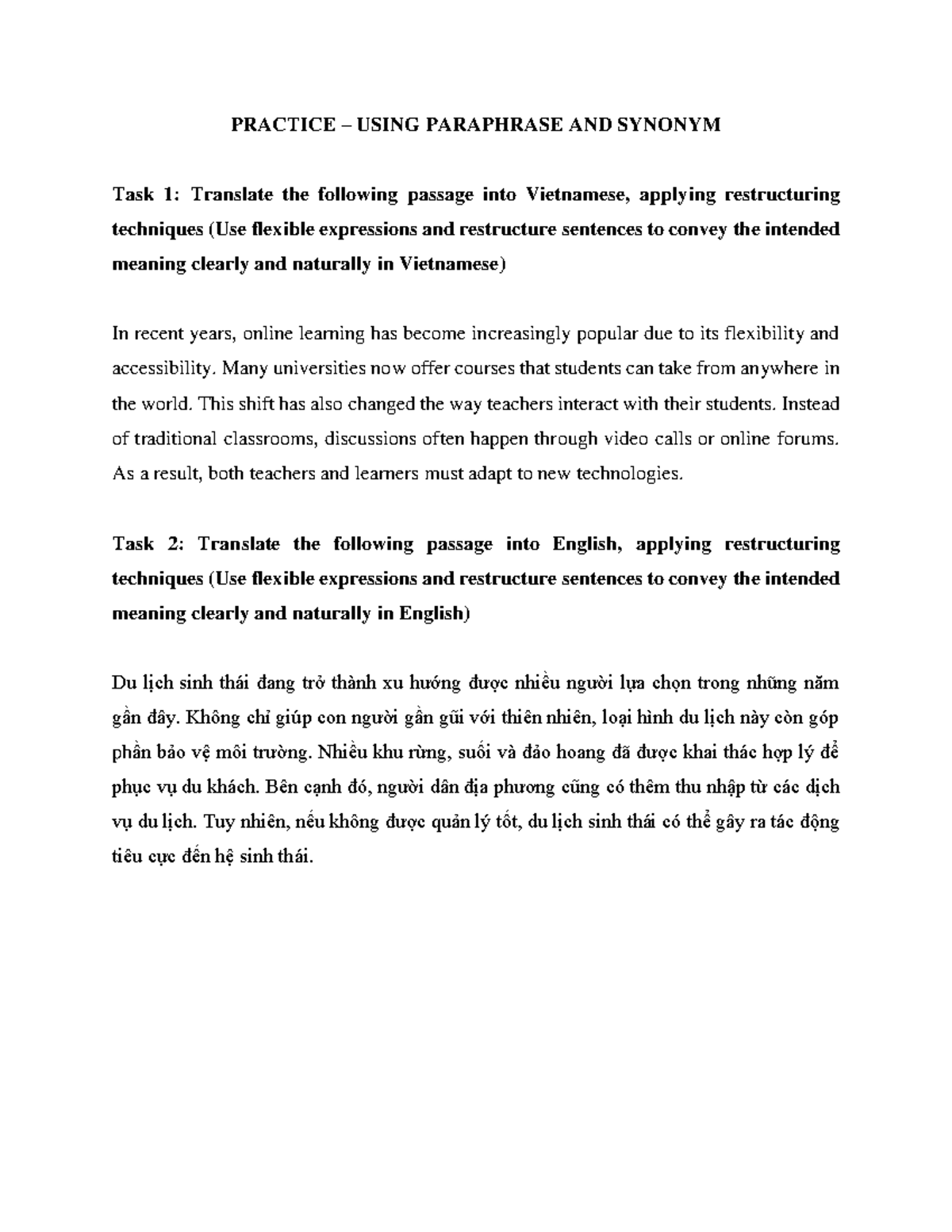 PRACTICE USING PARAPHRASE AND SYNONYM: Translation Tasks and Techniques ...
