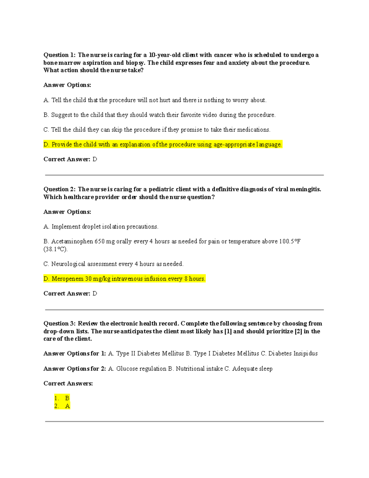 Peds Final Exam - Practice Questions and Answers - Studocu