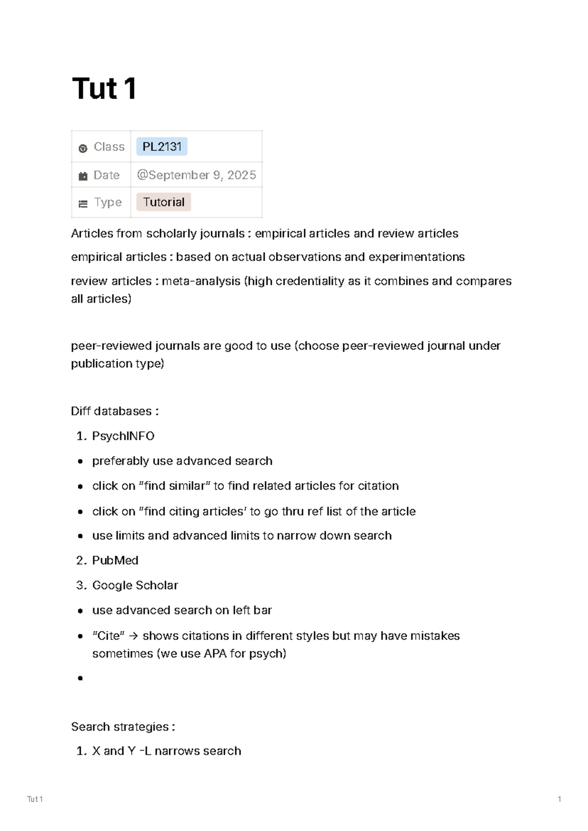 PL2132 Tut 1 - Tutorial Notes on Research Articles and Strategies - Studocu