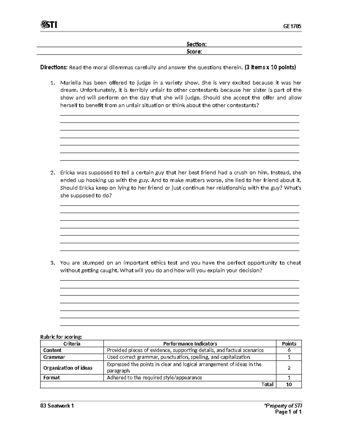 03 Seatwork 1js - GE Directions: Read the moral dilemmas carefully and ...
