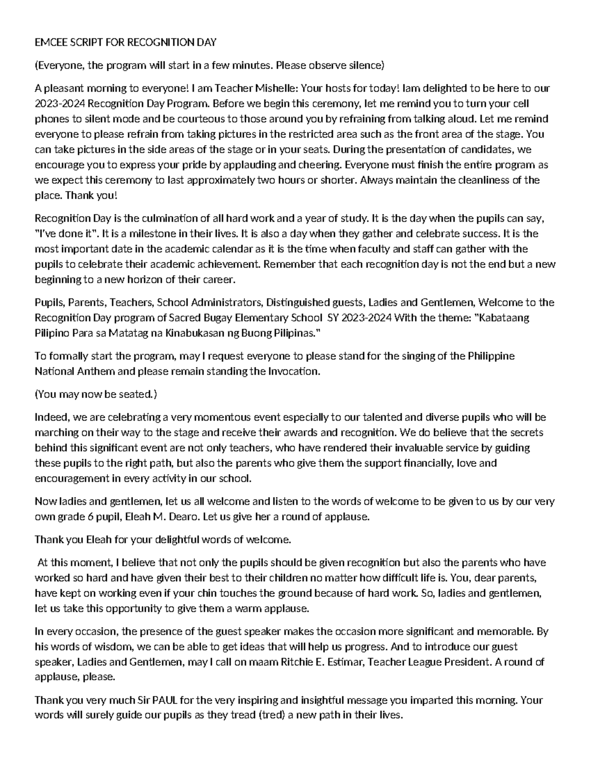 Emcee Script for Recognition Day 2023-2024 Event - Studocu