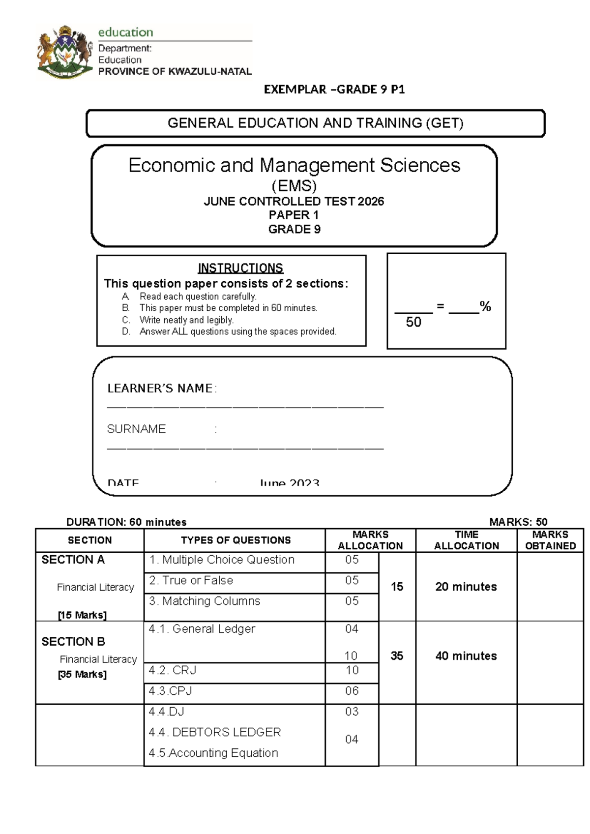 2026 EMS GRD 9 P1 JUNE - Exemplar Test on Financial Literacy - Studocu