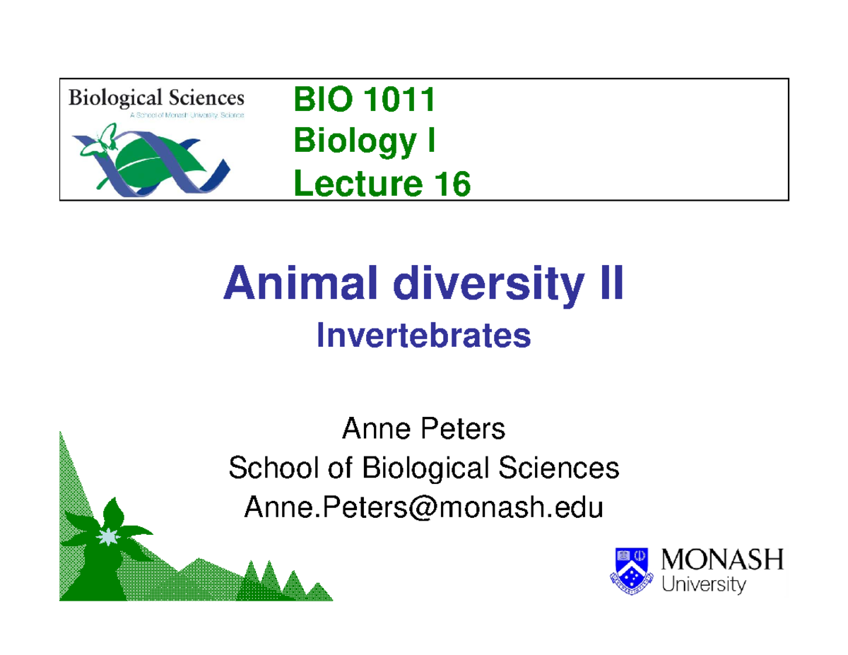Lecture 16 Animal Diversity II 1 slide pp - BIO 1011 Biology I Lecture ...