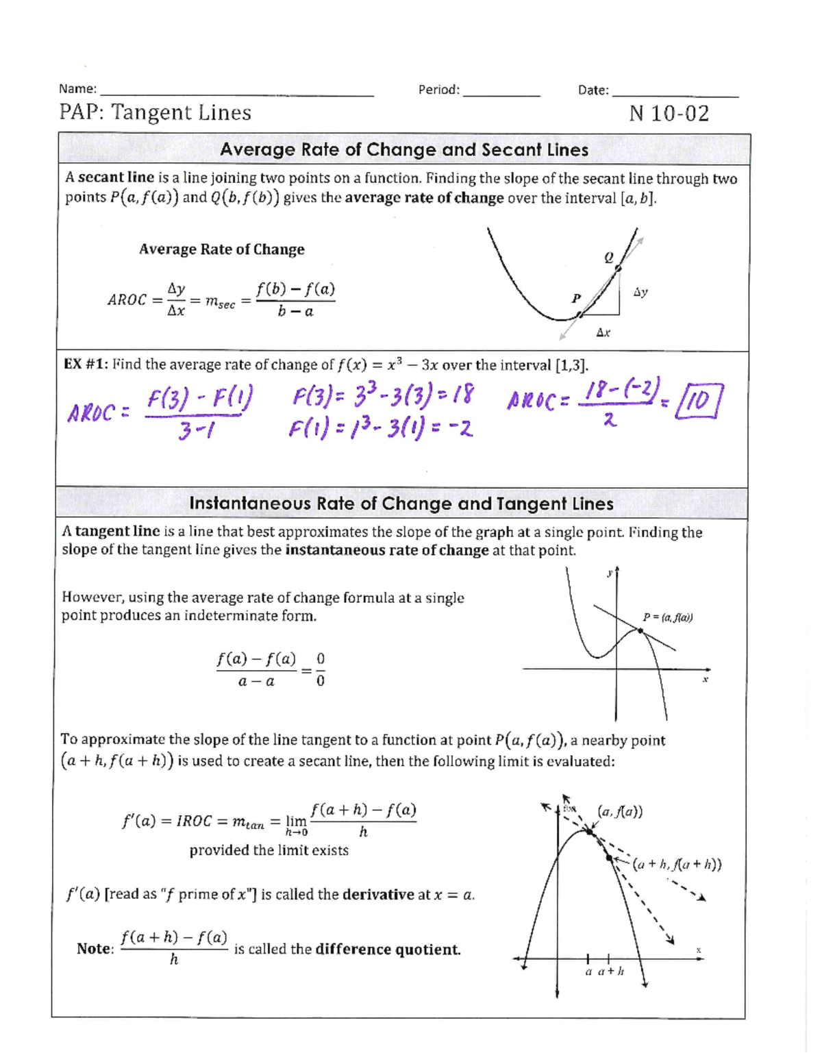 N10-02 - Tangent Lines (absent) - Name: Period: Date: PAP: Tangent ...