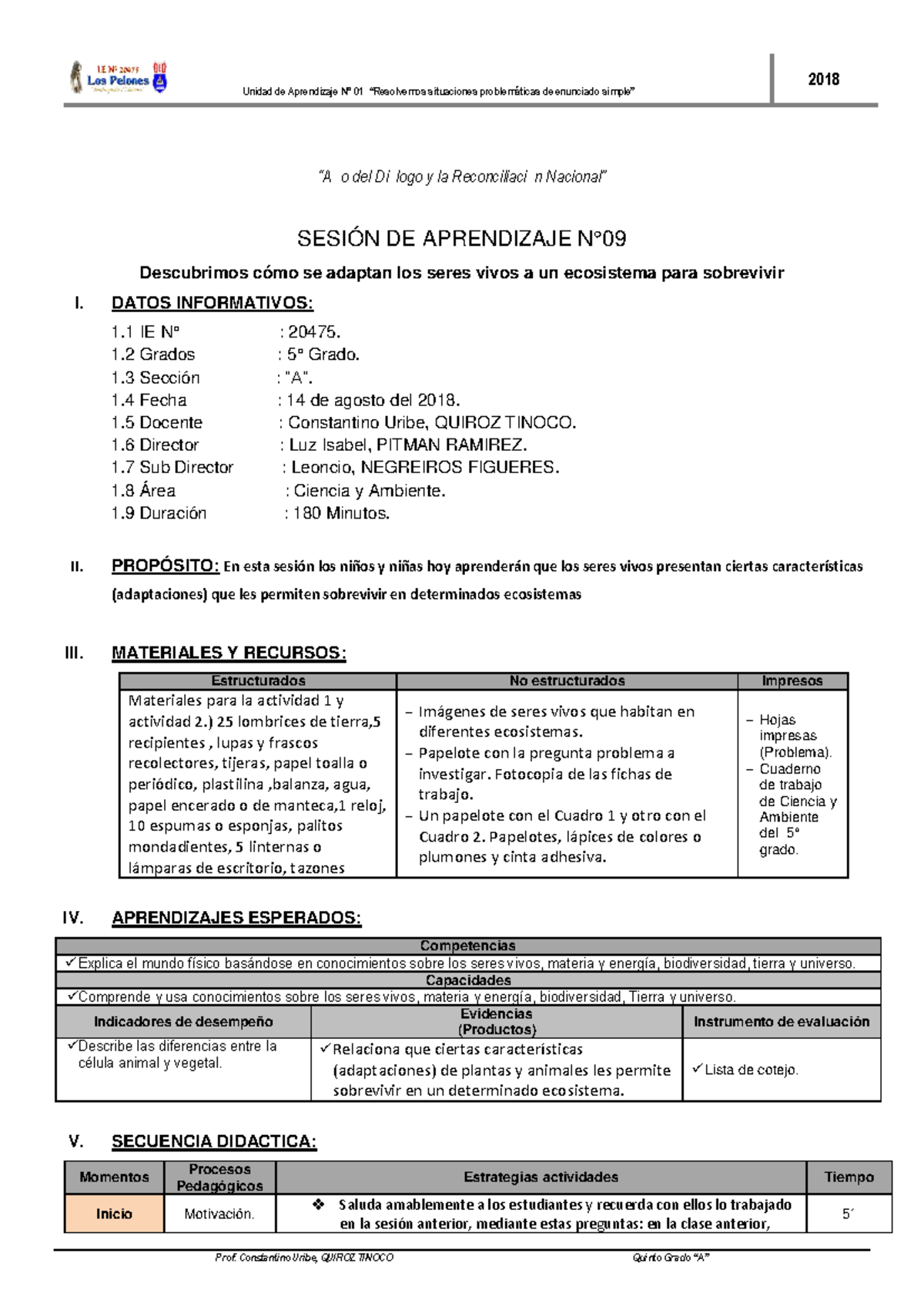 2018 Quinto Grado Unidad de Aprendizaje 01: Adaptaciones de Seres Vivos ...