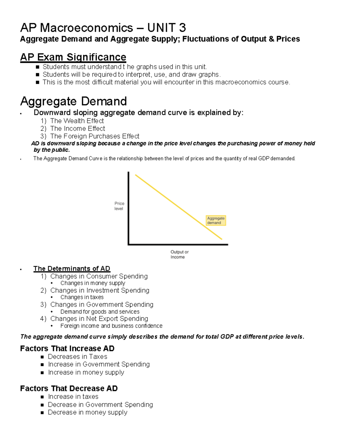 AP Macroeconomics Unit 3 Notes: Aggregate Demand & Supply Review - Studocu