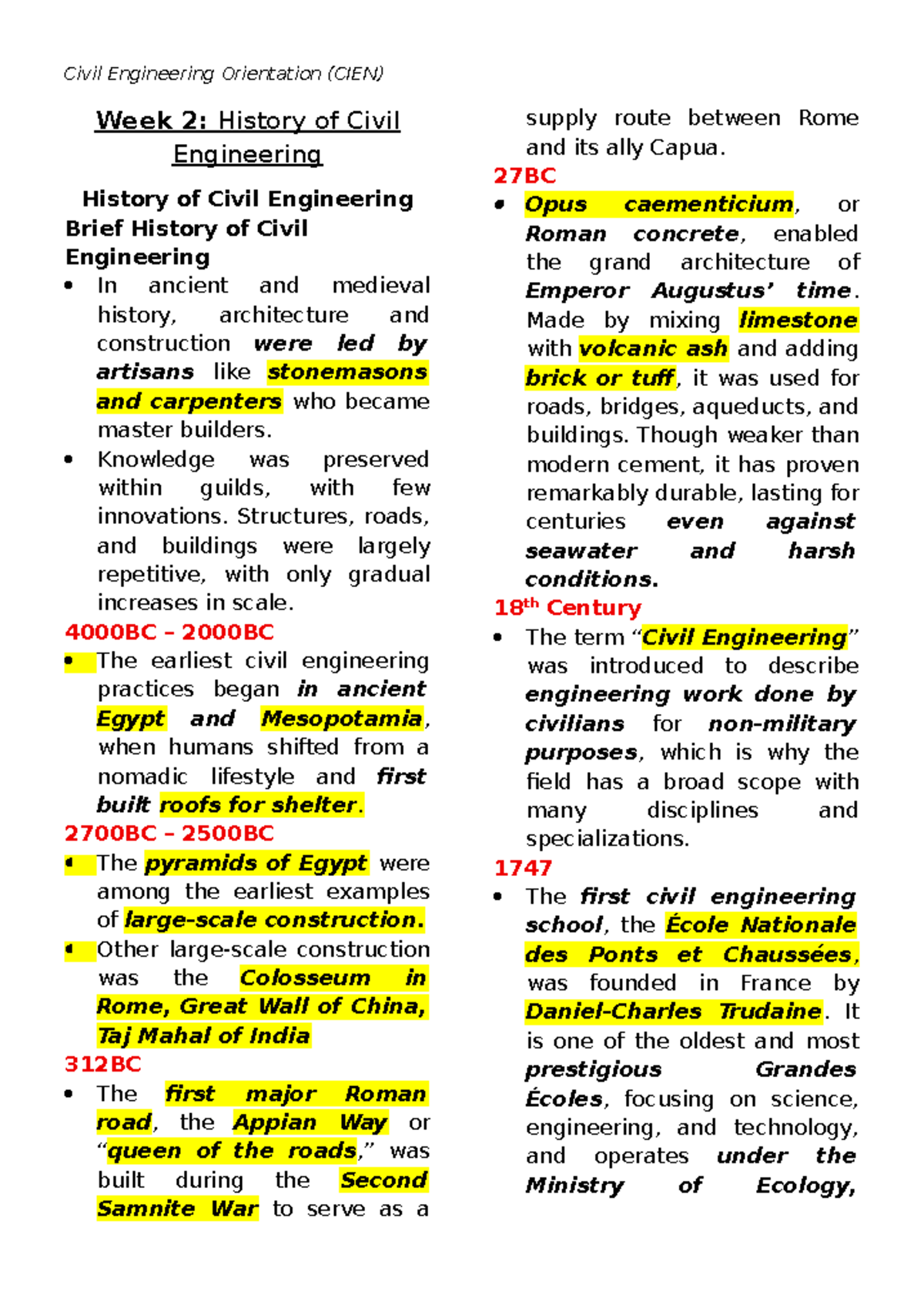 CIEN Week 2: Overview of Civil Engineering History and Development ...