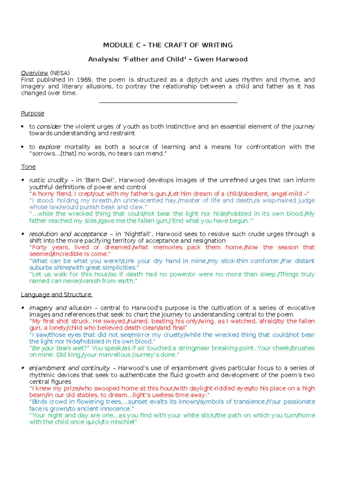 Analysis of 'Father and Child' by Gwen Harwood - Module C Overview ...