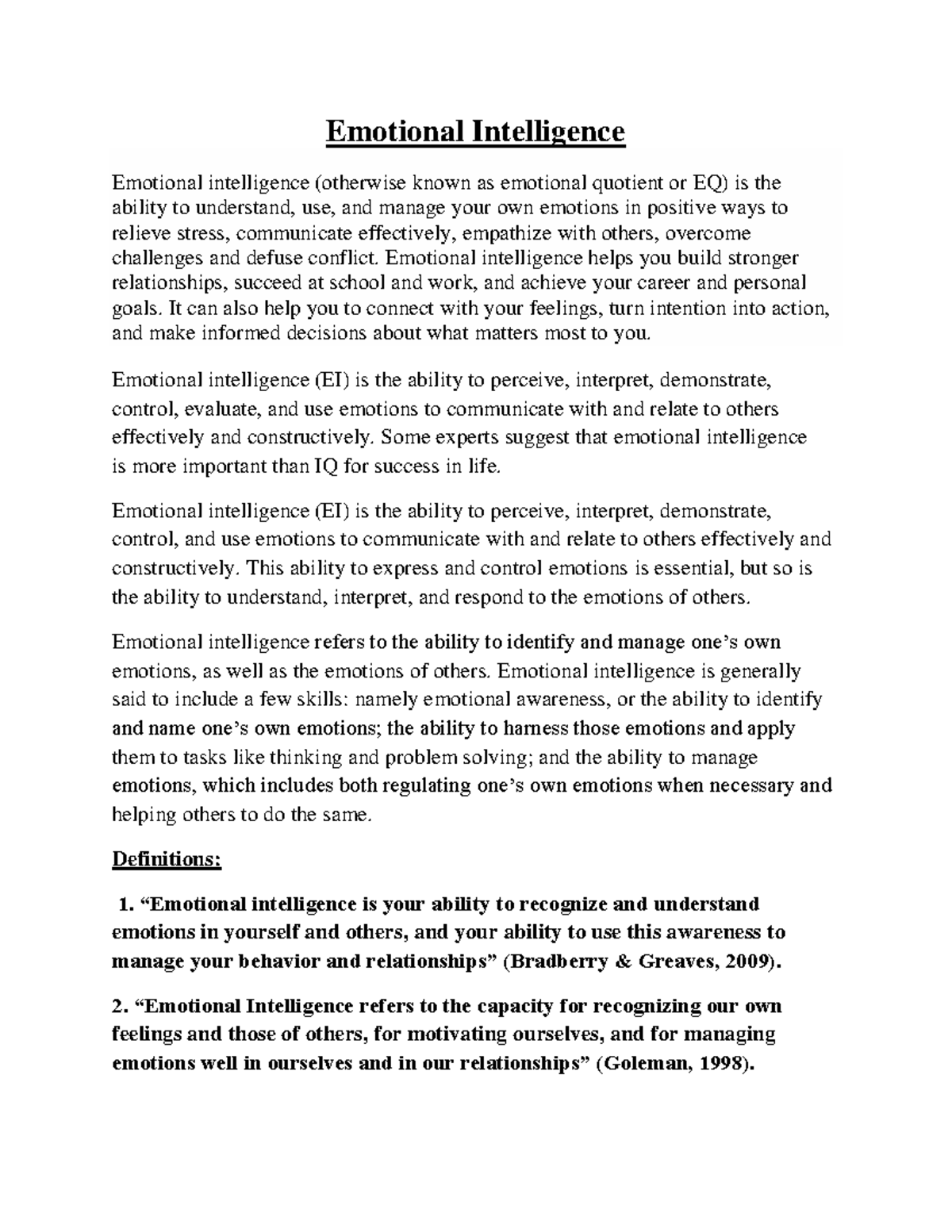 UNIT 1 Emotional Intelligence: Understanding and Applying EI Skills ...