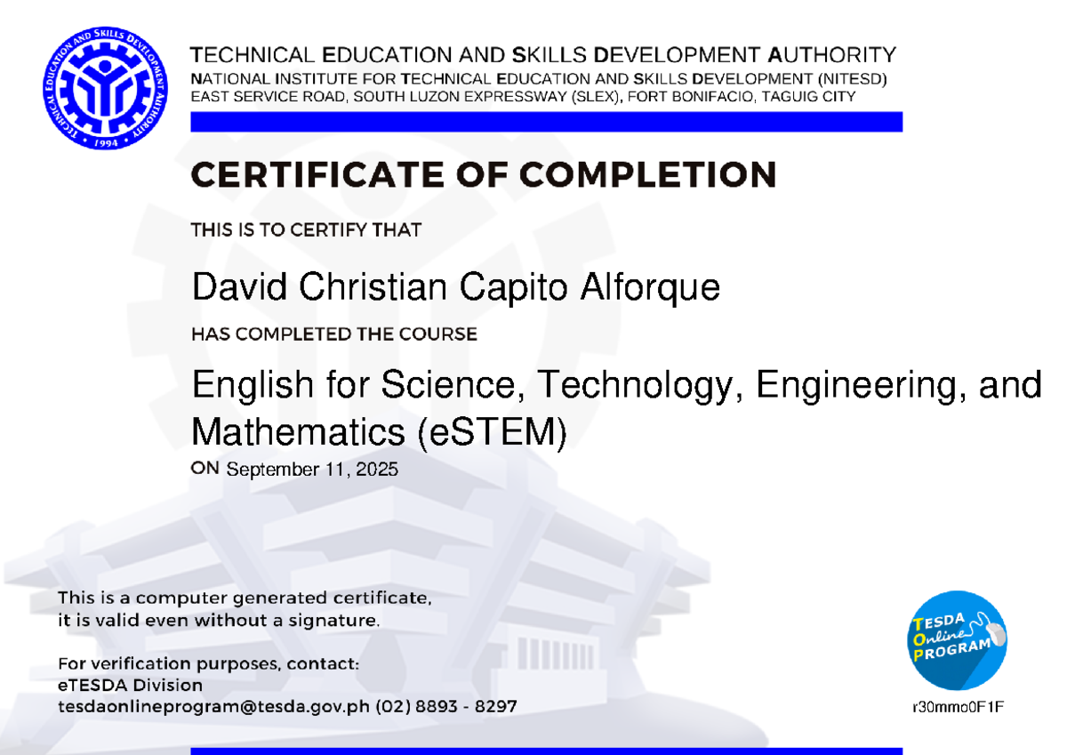 Certificate of Completion (e STEM) - Information Technology - David ...