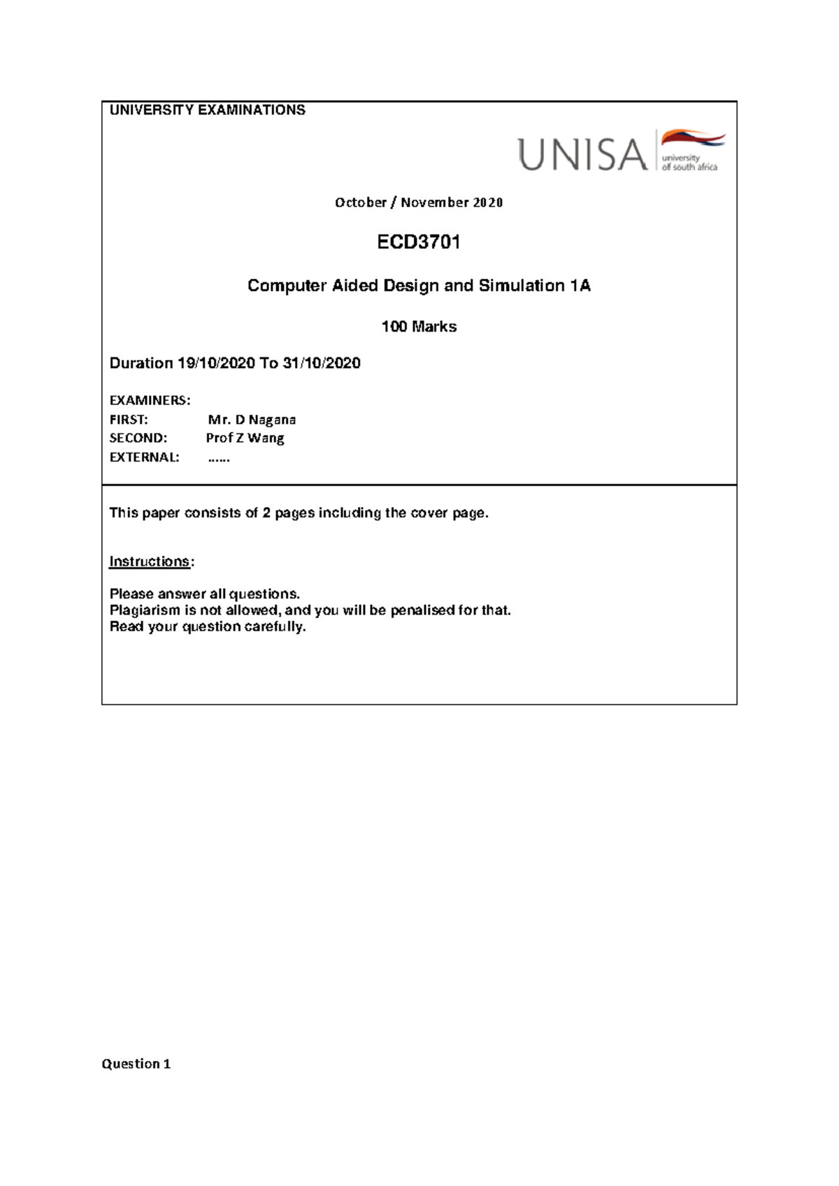 ECD3701 Oct-Nov 2020 Exam - Computer Aided Design Past Paper - Studocu