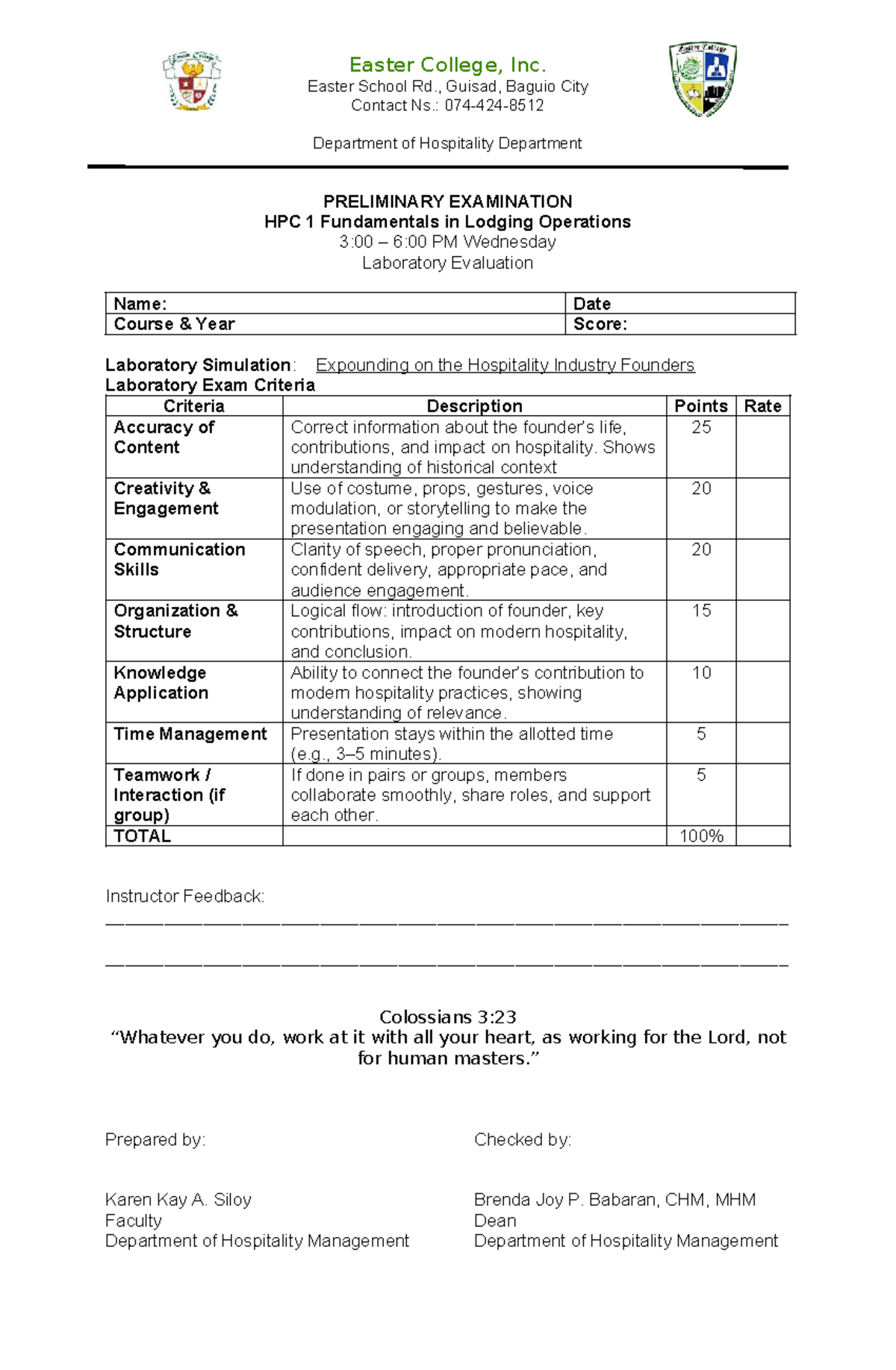 HPC 1 Preliminary Exam Lab Evaluation: Fundamentals in Lodging ...