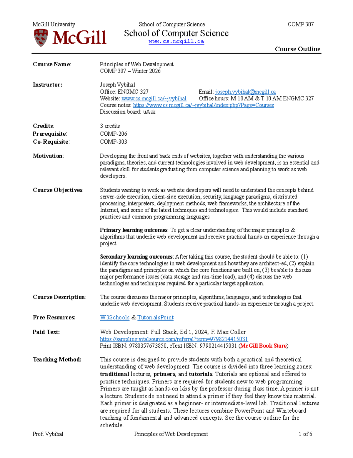 COMP 307 Course Outline: Principles of Web Development - Winter 2026 ...