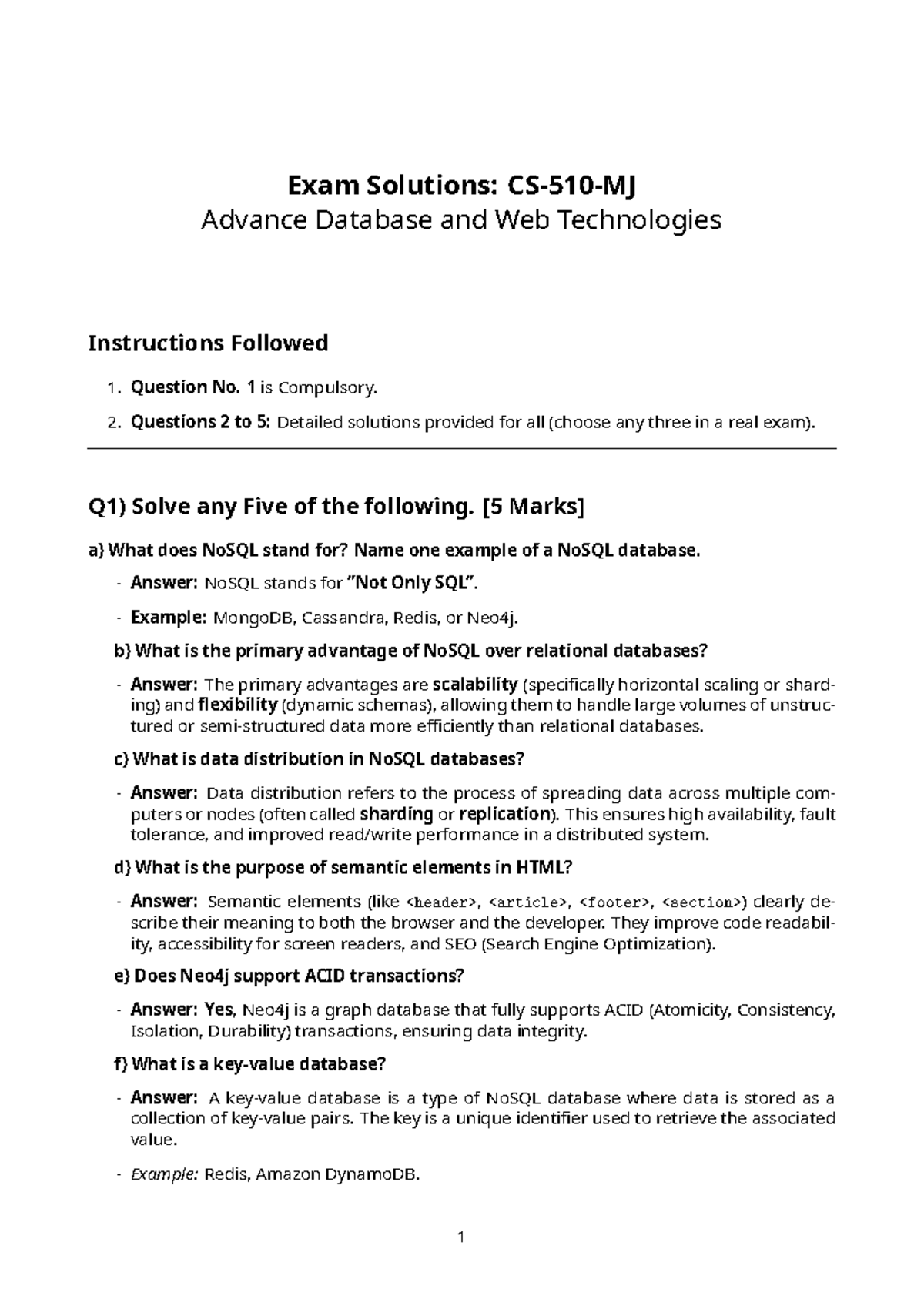 Exam Solutions: Advanced Database & Web Tech (Course Code) - Studocu