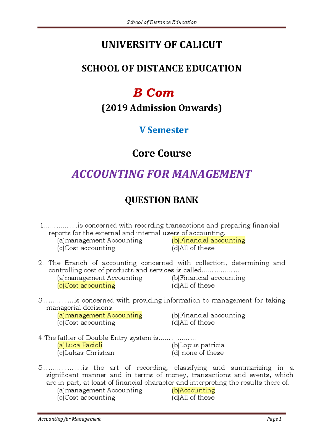 Accounting for management-1 - UNIVERSITY OF CALICUT SCHOOL OF DISTANCE ...