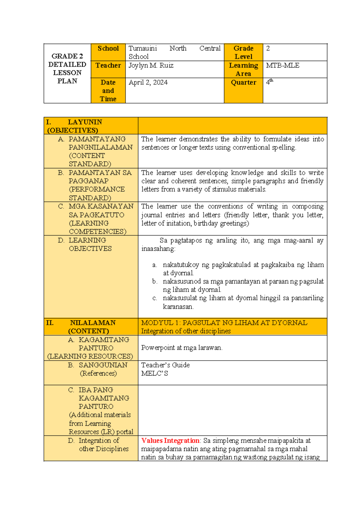 Detailed Grade 2 Lesson Plan on Pagsulat ng Liham at Dyornal MTB MLE 1 ...