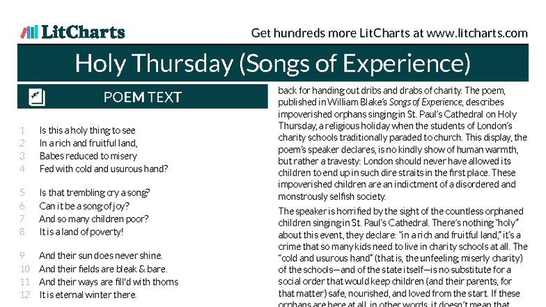 LitCharts: Holy Thursday (Songs of Experience) Analysis and Summary ...