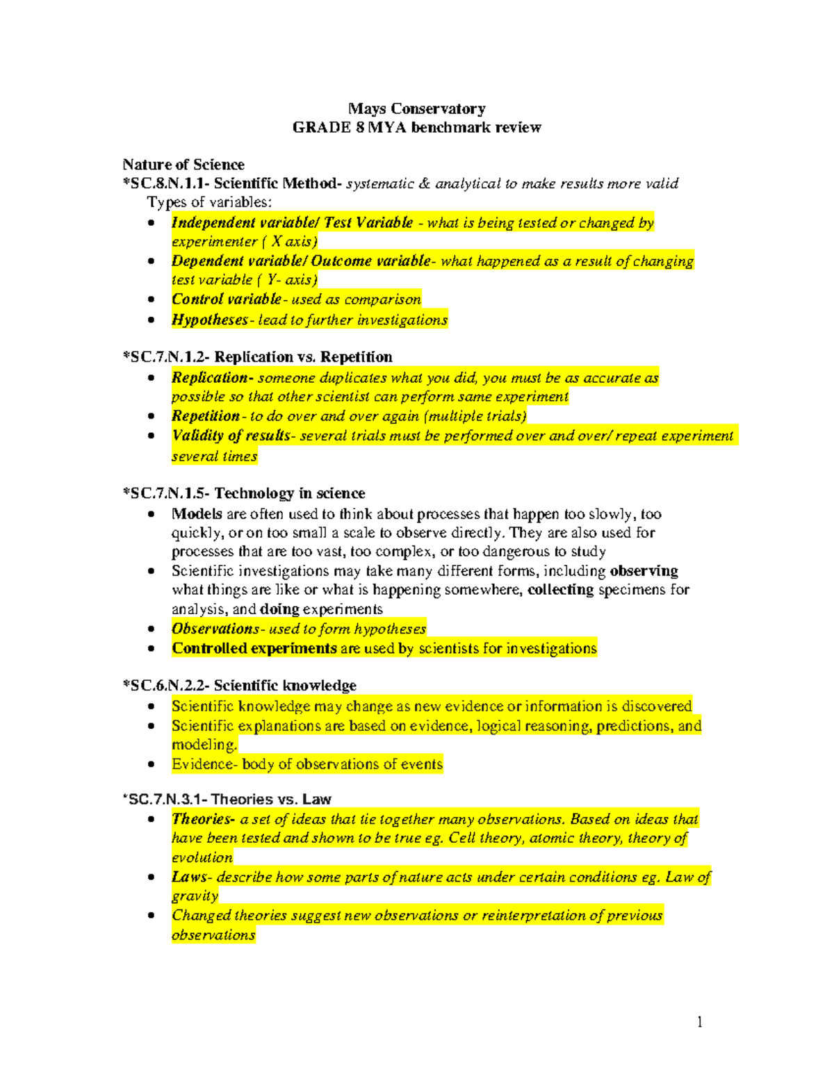 Grade 8 MYA Benchmark Review: Nature of Science & Earth Studies - Studocu