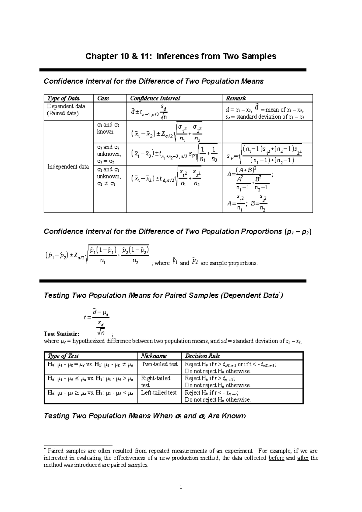 Chapter 10 & 11: Inferences for Means and Proportions Analysis - Studocu