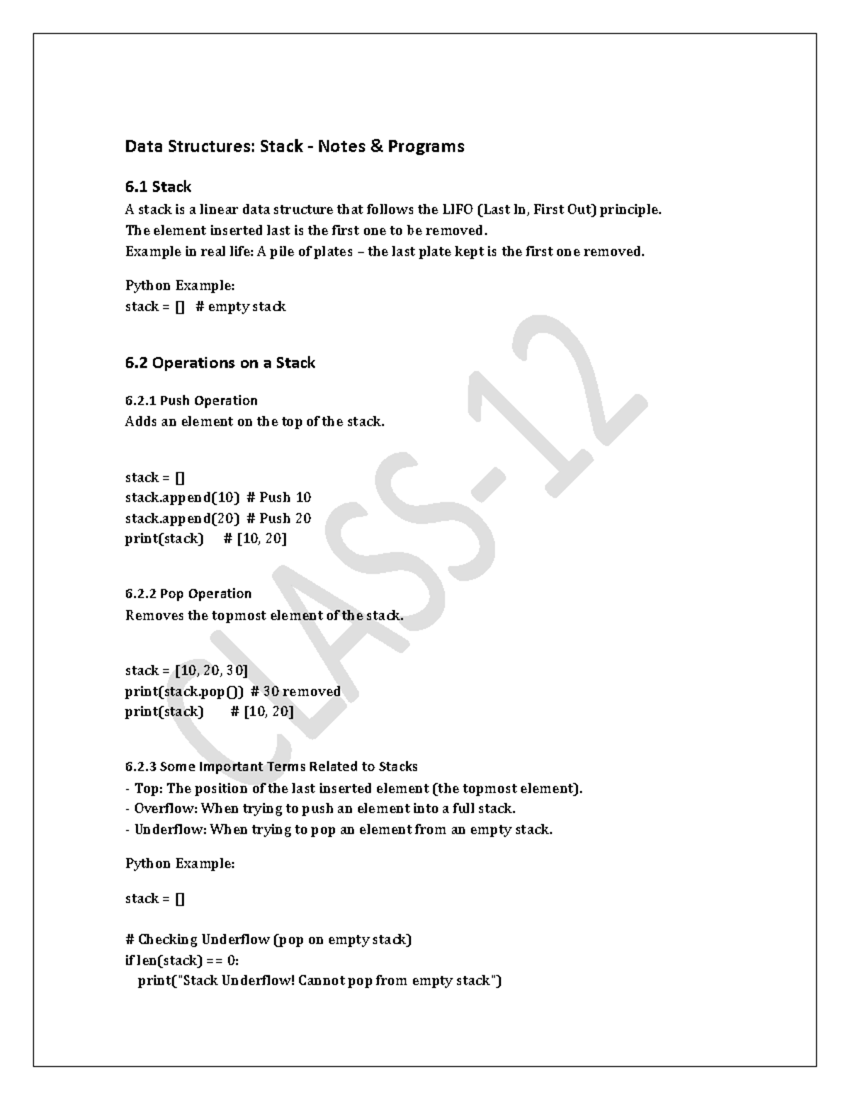 Data Structures: Stack Notes & Python Programs (CS101) - Studocu
