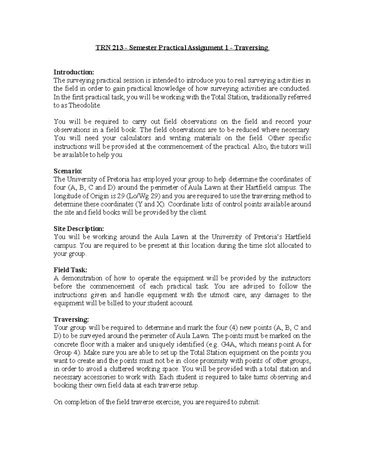 TRN 213 Practical Assignment 1: Field Traversing Guide - Studocu