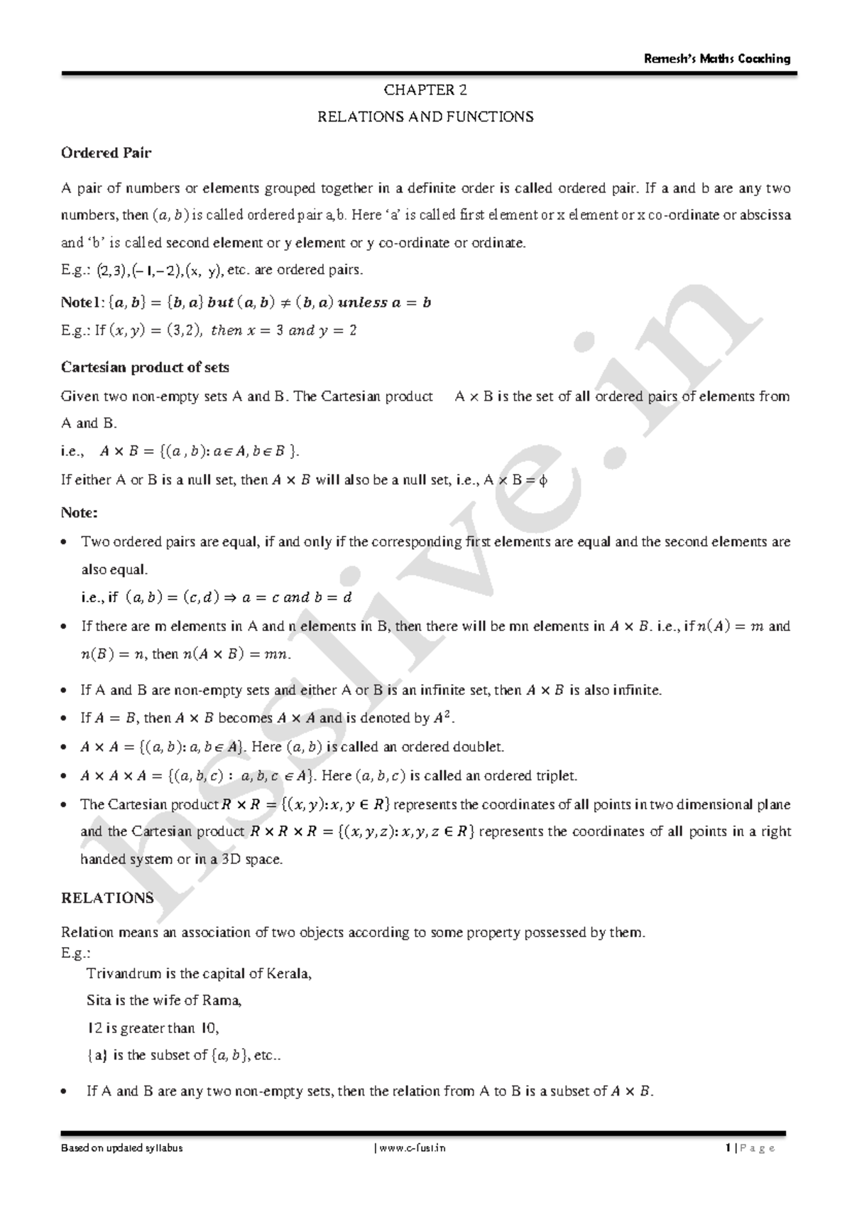 Hsslive XI Maths CH2: Relations & Functions Overview - Studocu