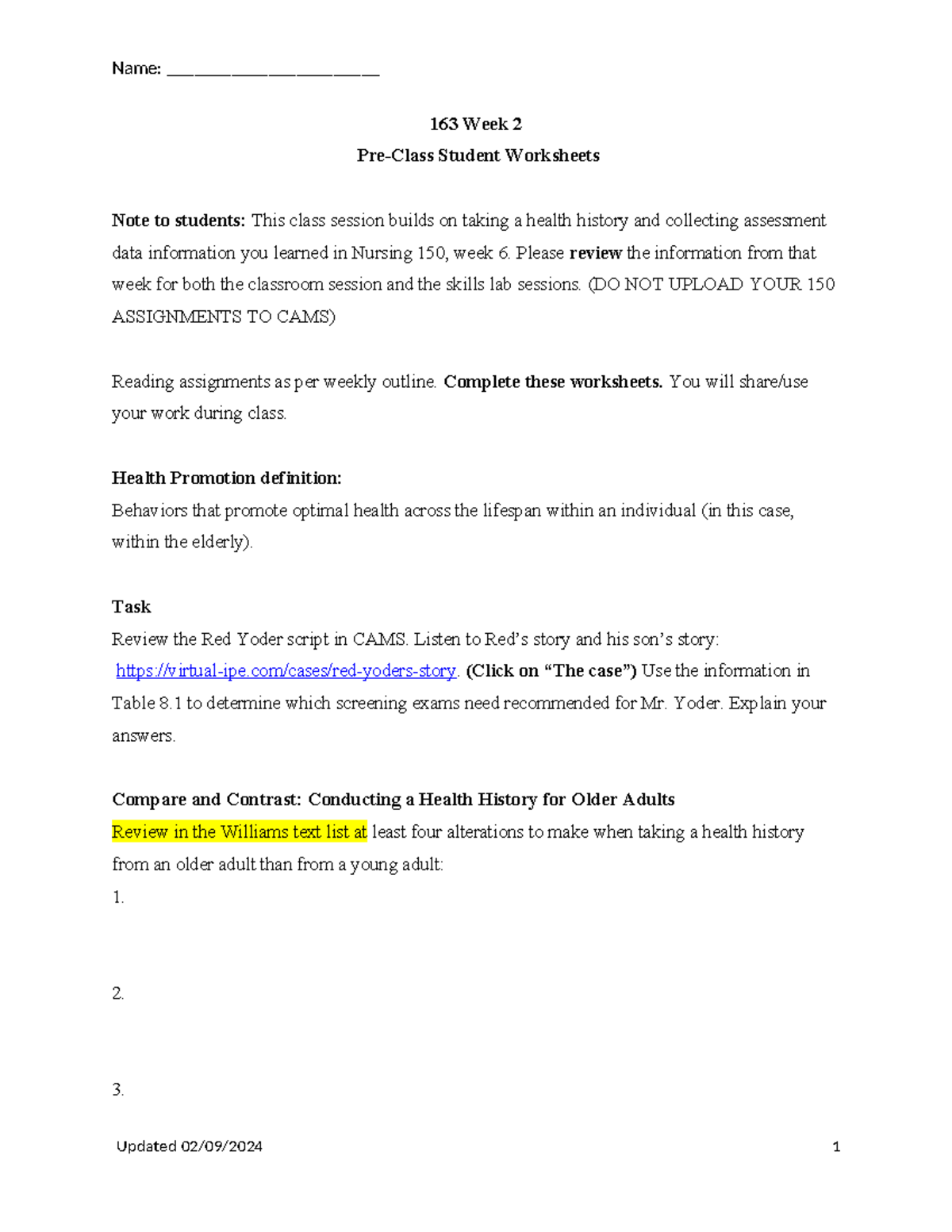 NUR 163 Week 2 Pre-Class Assignment: Health History & Vital Signs ...