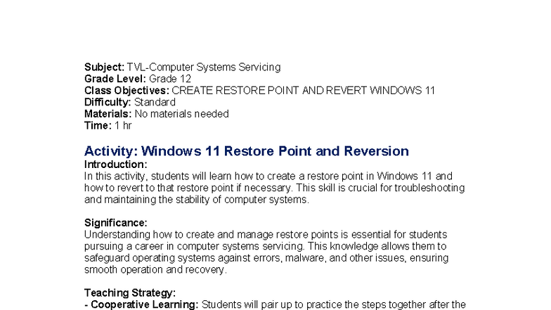 Activity-restore-point - Subject: TVL-Computer Systems Servicing Grade ...