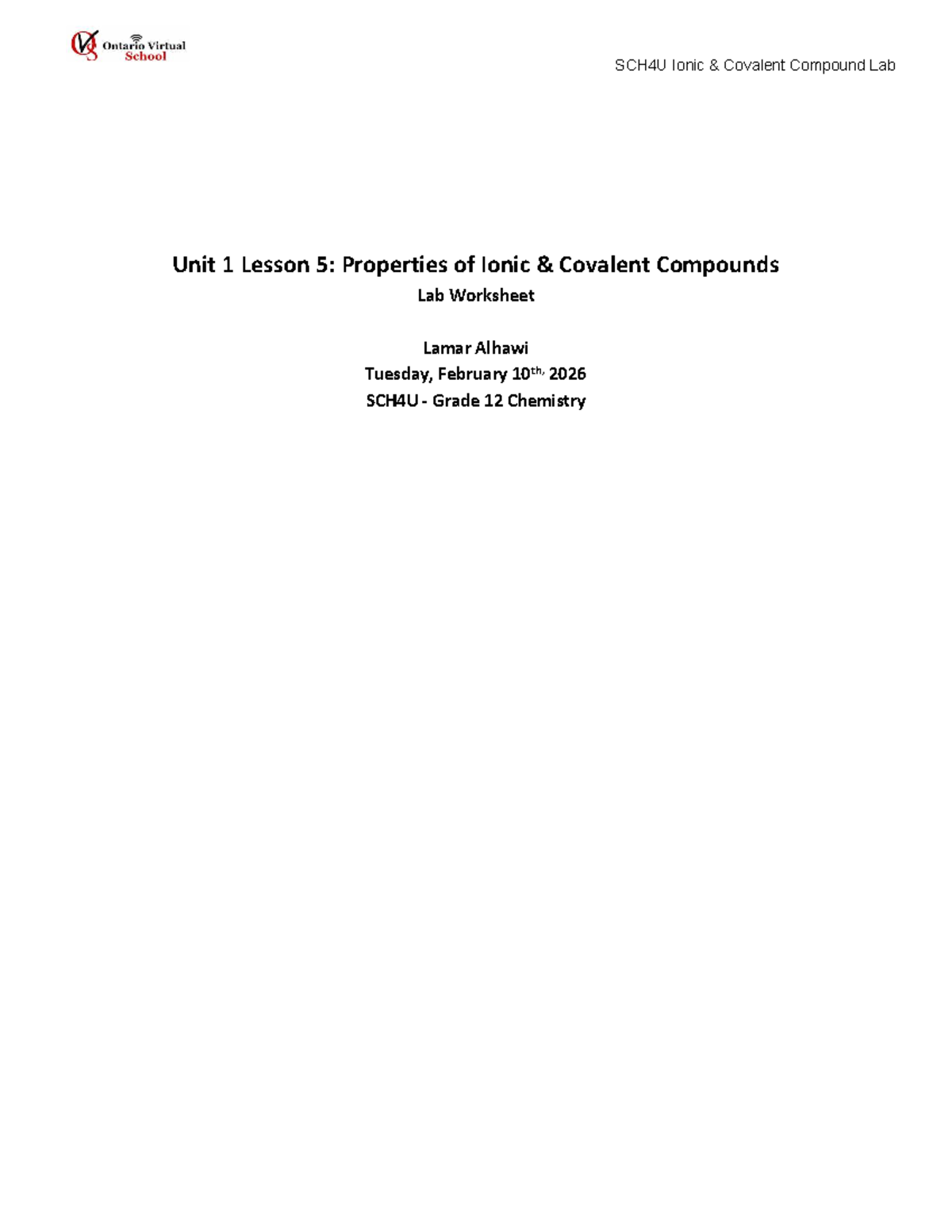 SCH4U Unit 1 Lab: Properties of Ionic & Covalent Compounds - Studocu
